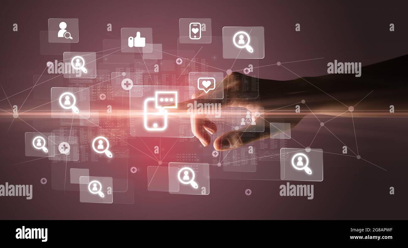 Hand pressing social media multimedia application screen with media ...