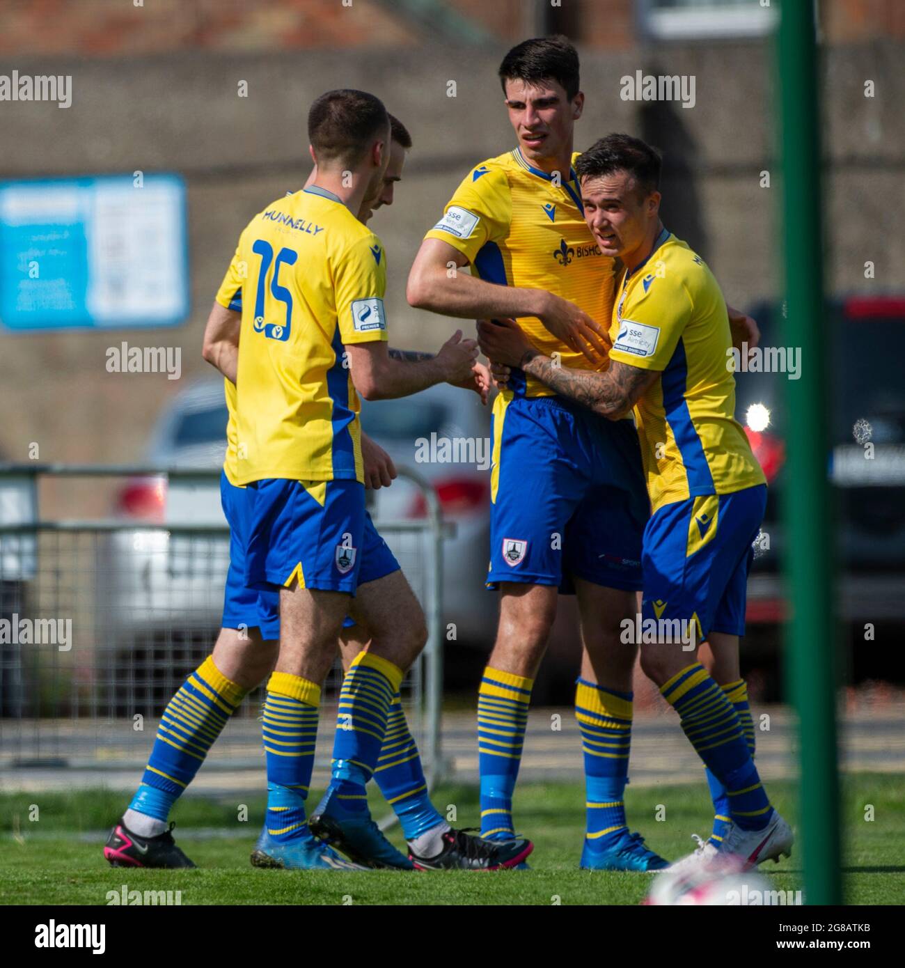 Robert Manley of Longford celebrates scoring with teammates during the ...