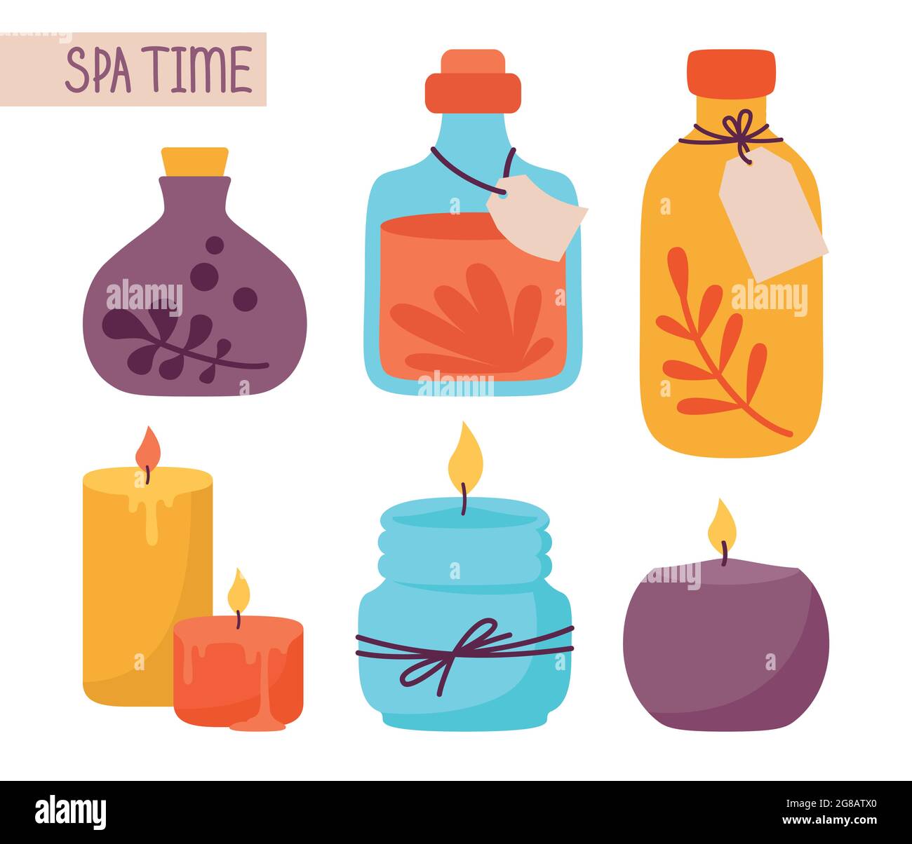 Cosmetic jar and candle flat cartoon set. Skincare, spa aromatherapy ...