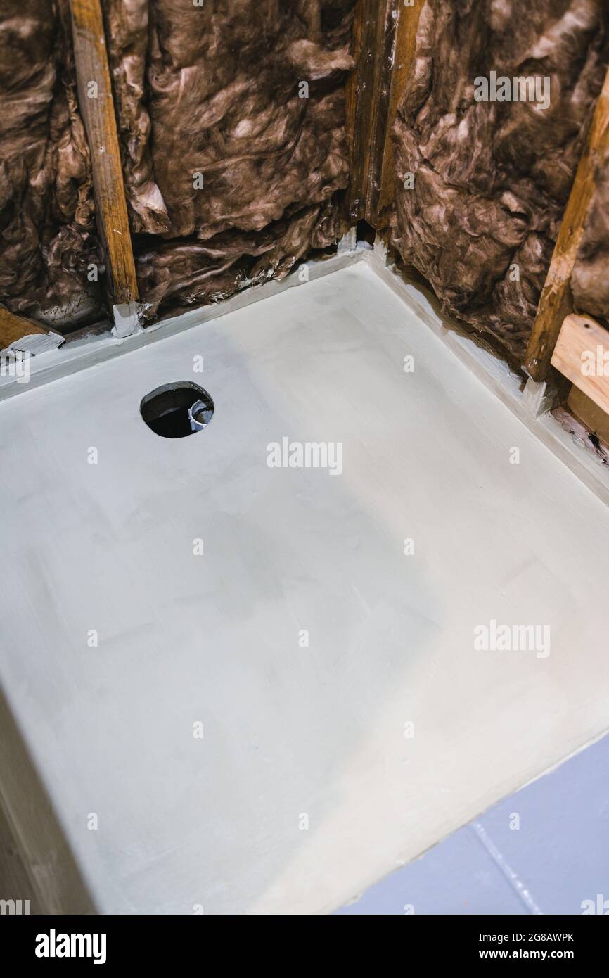 shower renovation with shower walls interior exposed and waterproofing ...