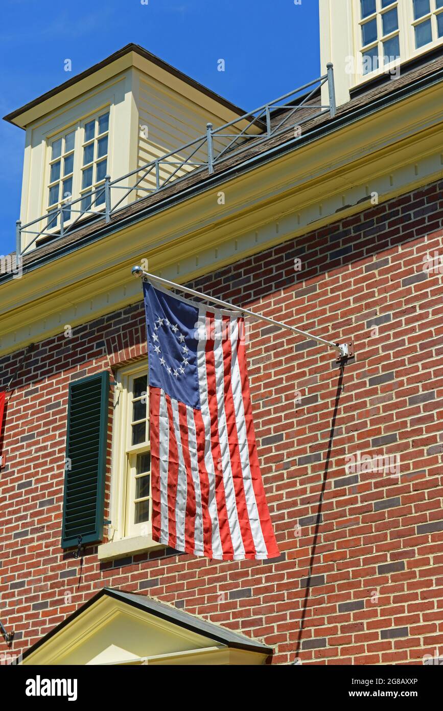 Historic US flag on Concord Museum in historic town center Concord ...