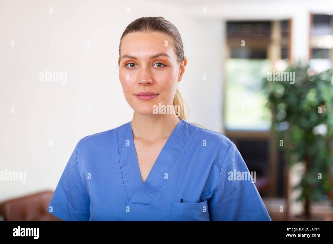 Woman doctor wear white medical uniform and stethoscope look at camera ...