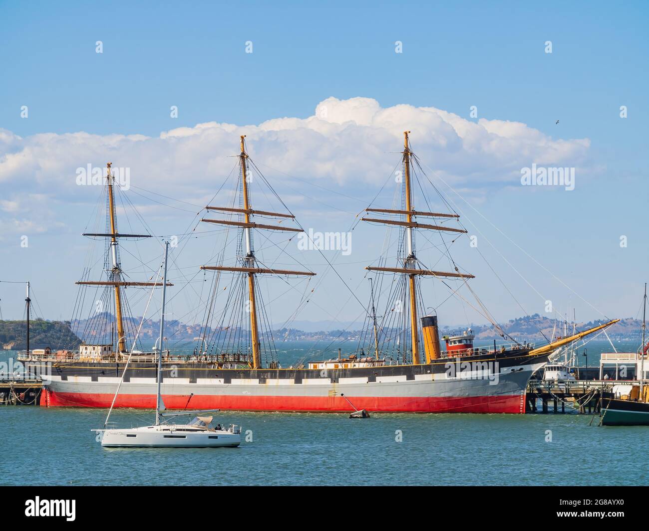 Red vessel ship parked at the pier at San Francisco, California Stock ...