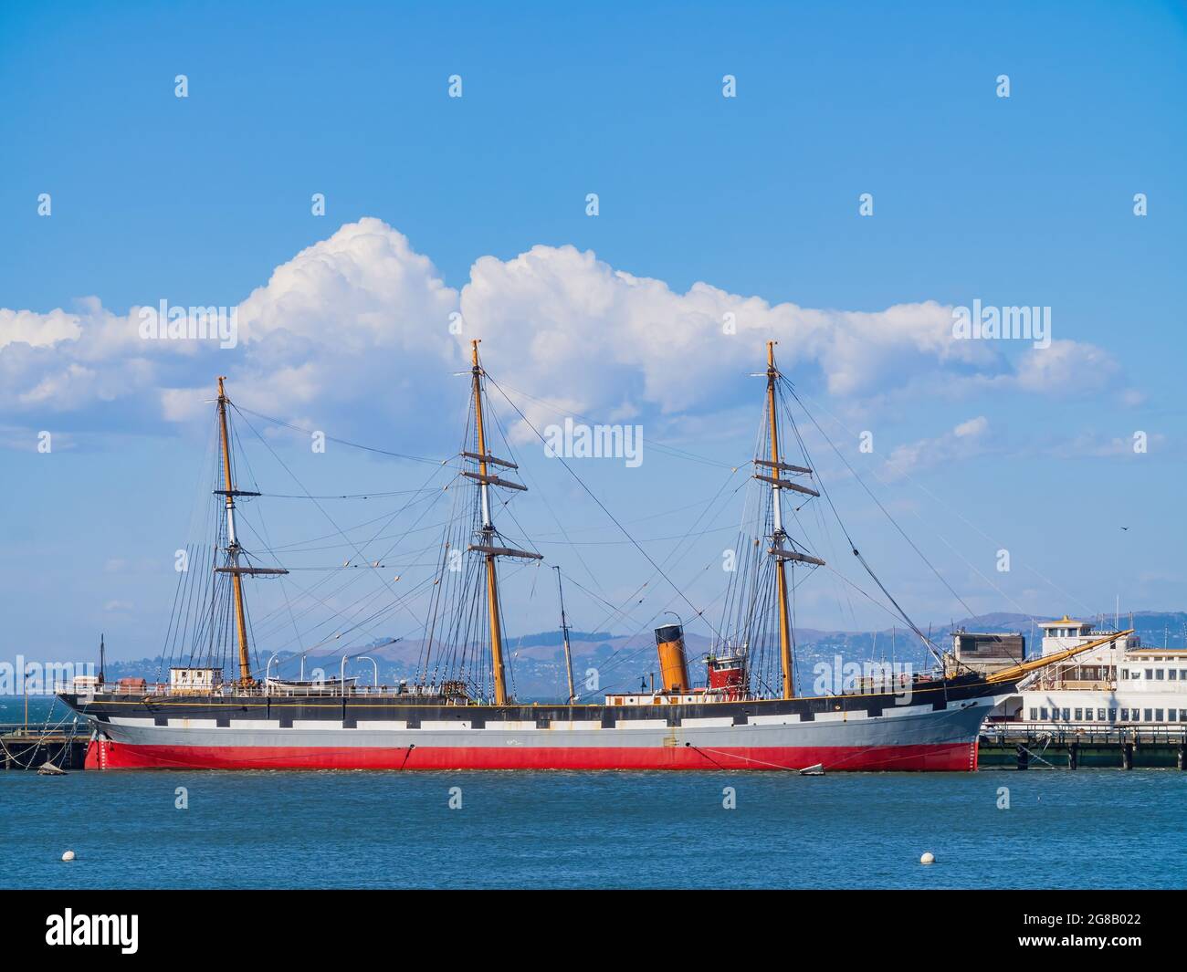 Red vessel ship parked at the pier at San Francisco, California Stock ...