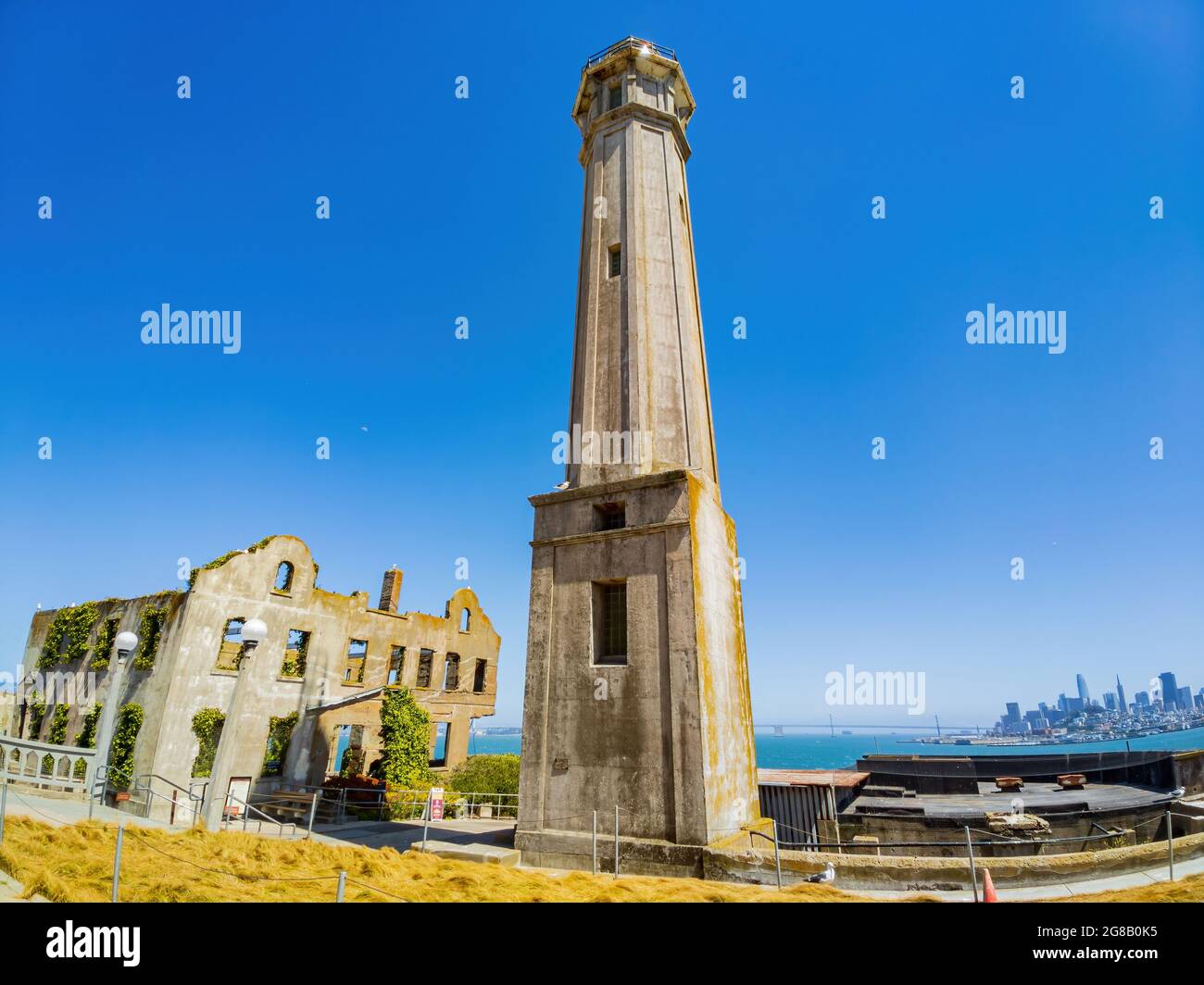 Sunny view of the Alcatraz Lighthouse in Alcatraz island at California ...