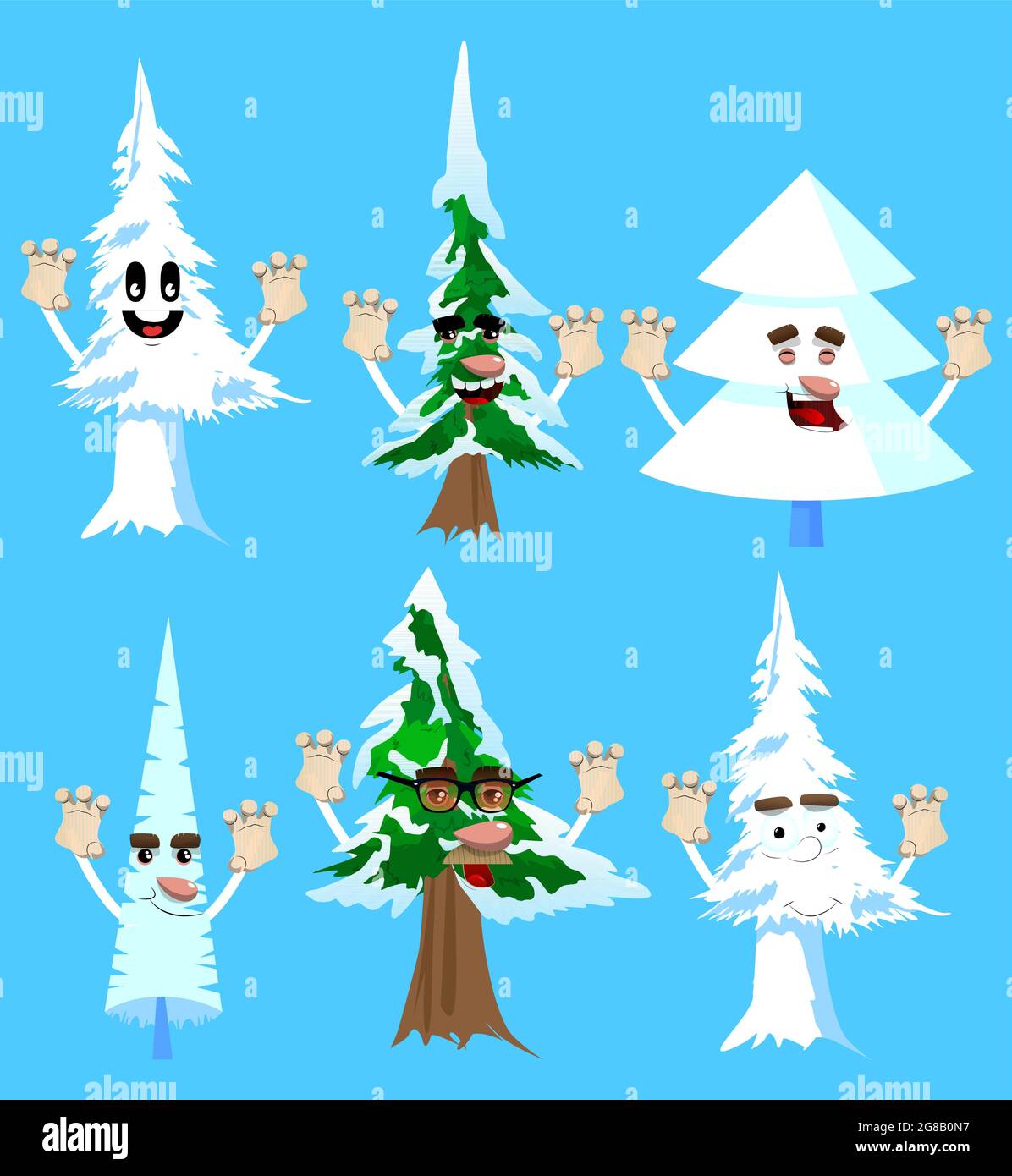 Cartoon winter pine trees with faces is trying to scare you. Cute ...