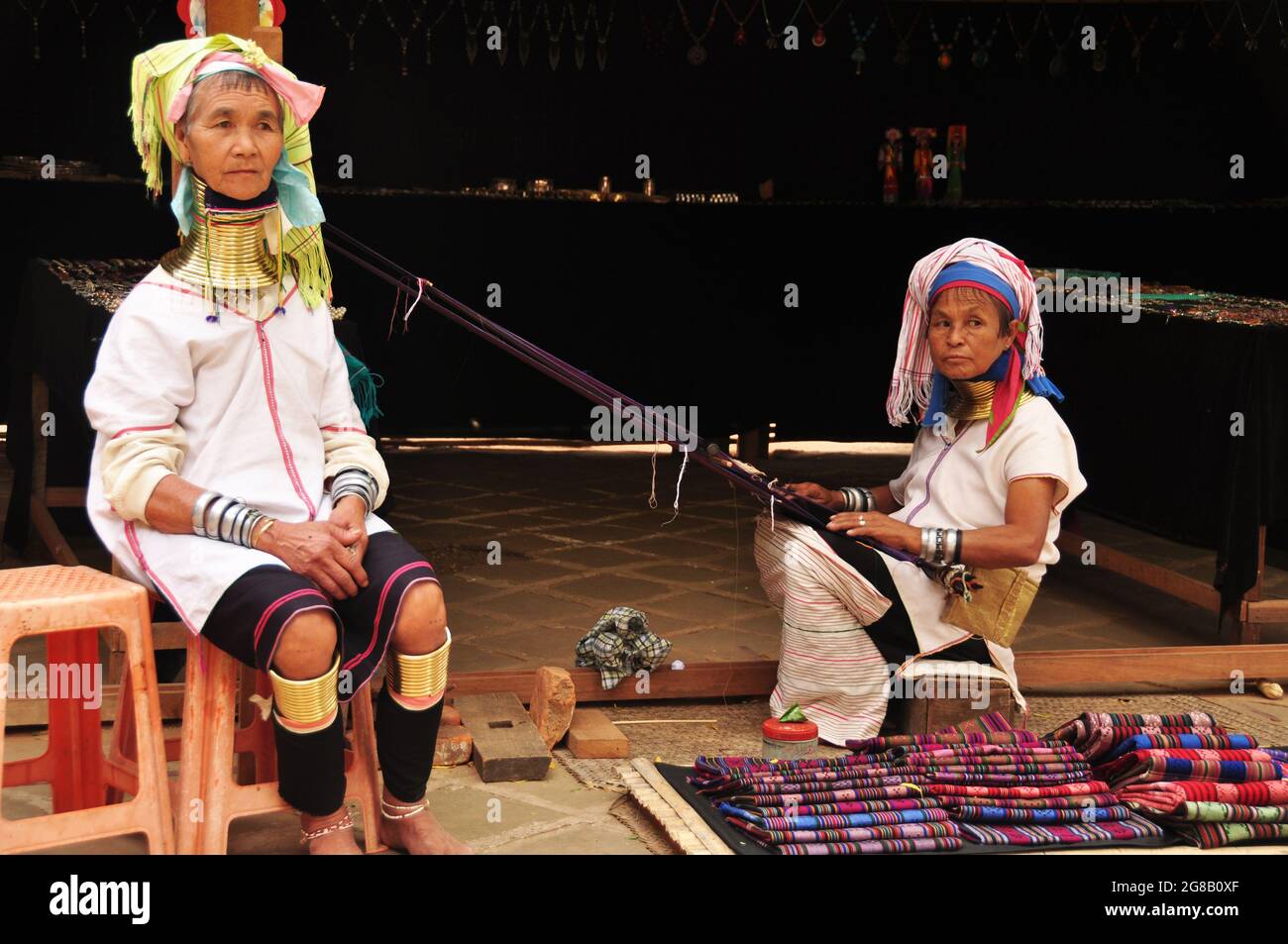 Kayan Lahwi women ethnic groups of Kayah State of Karen people wear the brass neck rings in Long ...