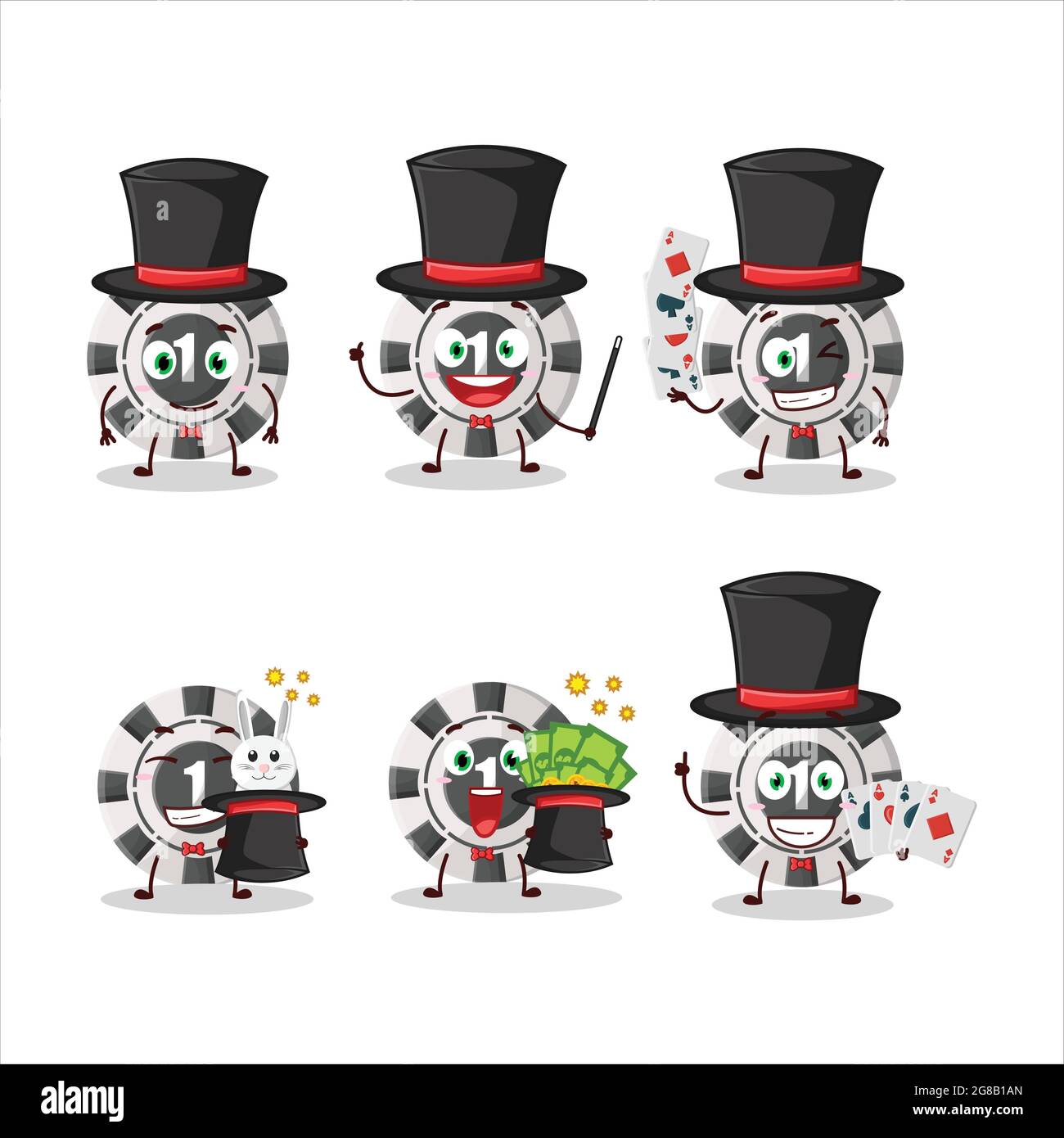 A 1 dollar casino chip Magician cartoon character perform on a stage ...