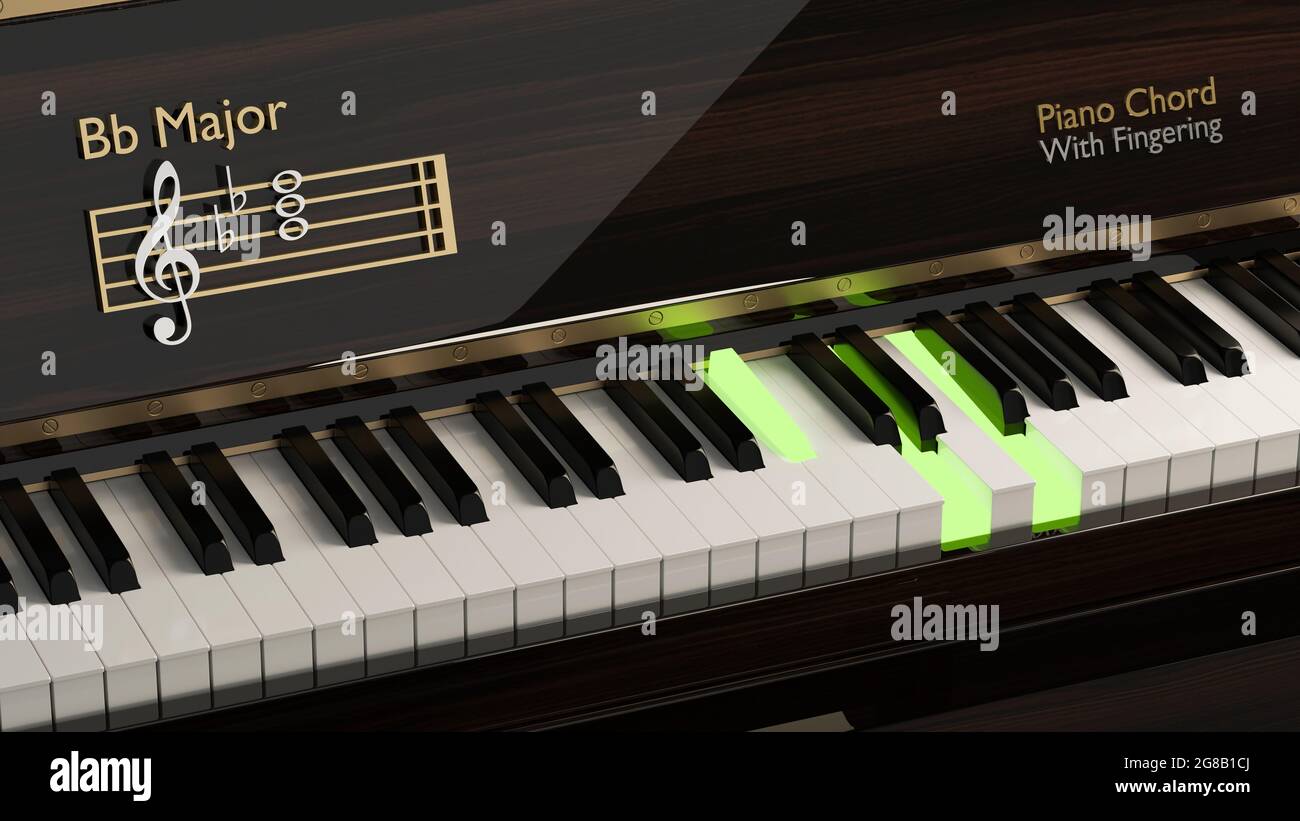 Classic piano with Bb major chord on piano keys, close up, classical ...