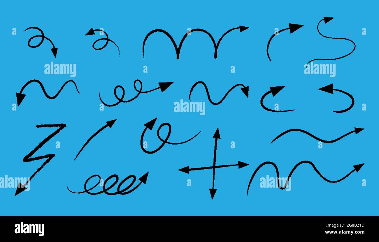 Different types of hand drawn curved arrows on blue background ...