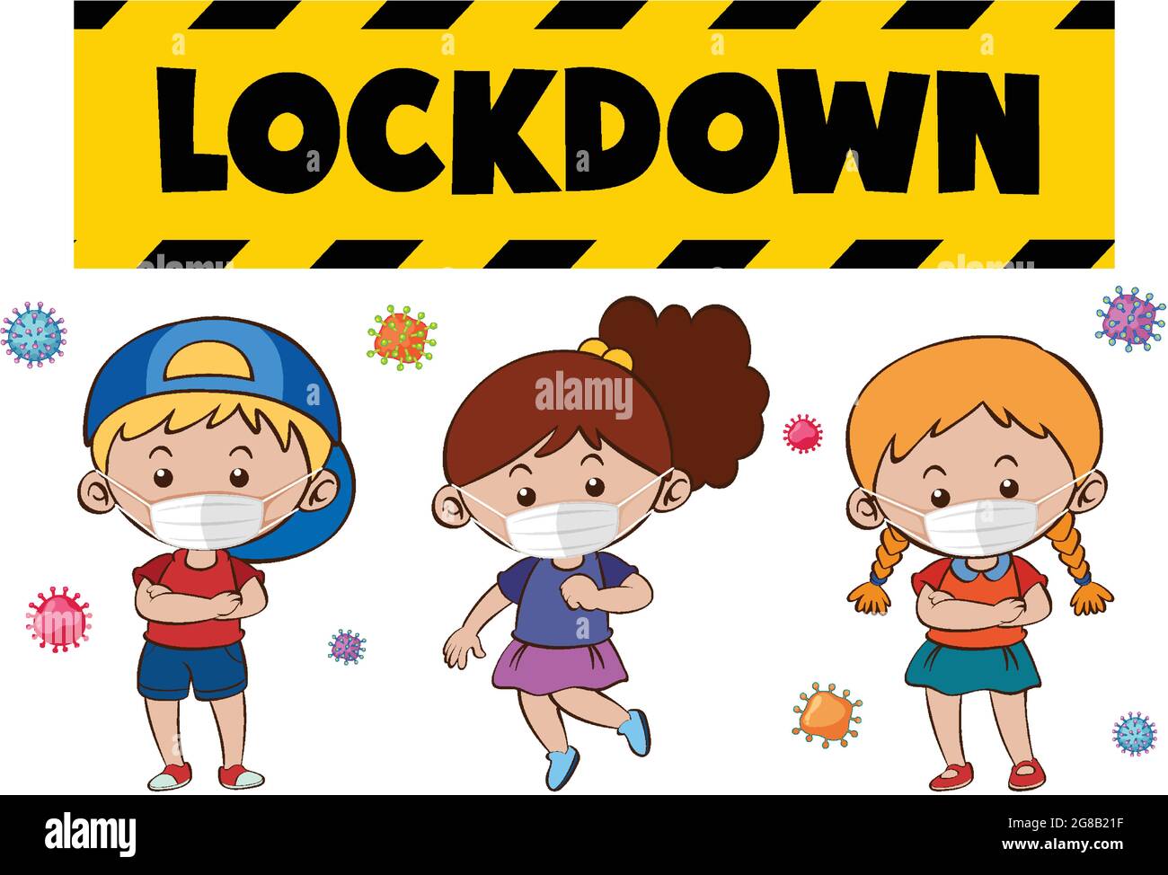 Lockdown font design with many kids wearing medical mask on white ...