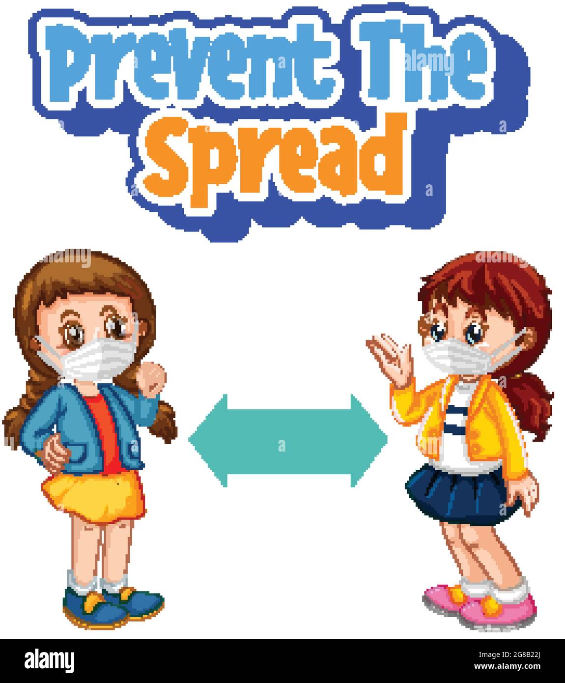 Prevent the Spread font in cartoon style with two kids keeping social ...