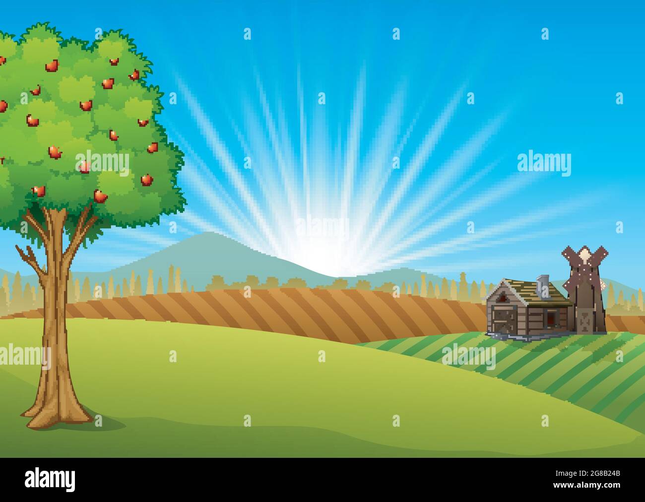 Farm landscape with green field and sunrise Stock Vector Image & Art ...