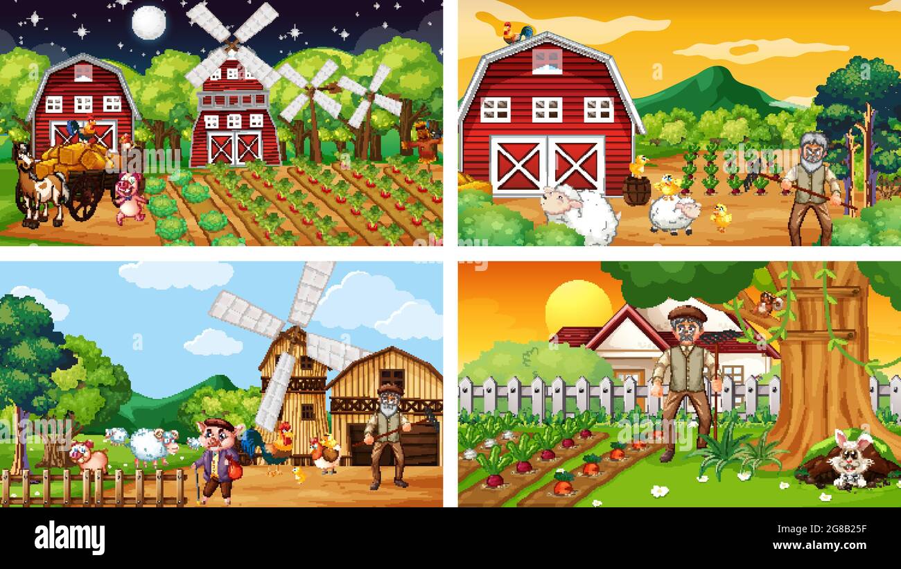 Different farm scenes with old farmer and animal cartoon character ...