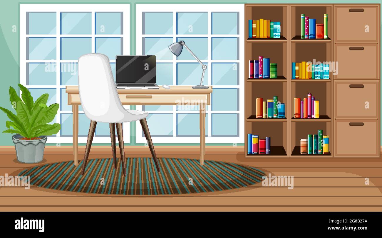 Workroom scene with a laptop on the table illustration Stock Vector ...