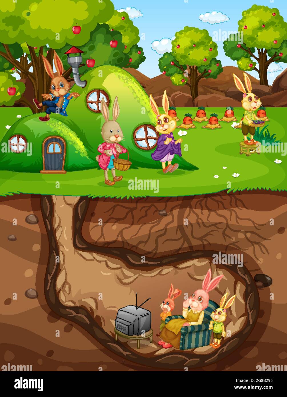 Underground rabbit hole with ground surface of the garden scene ...