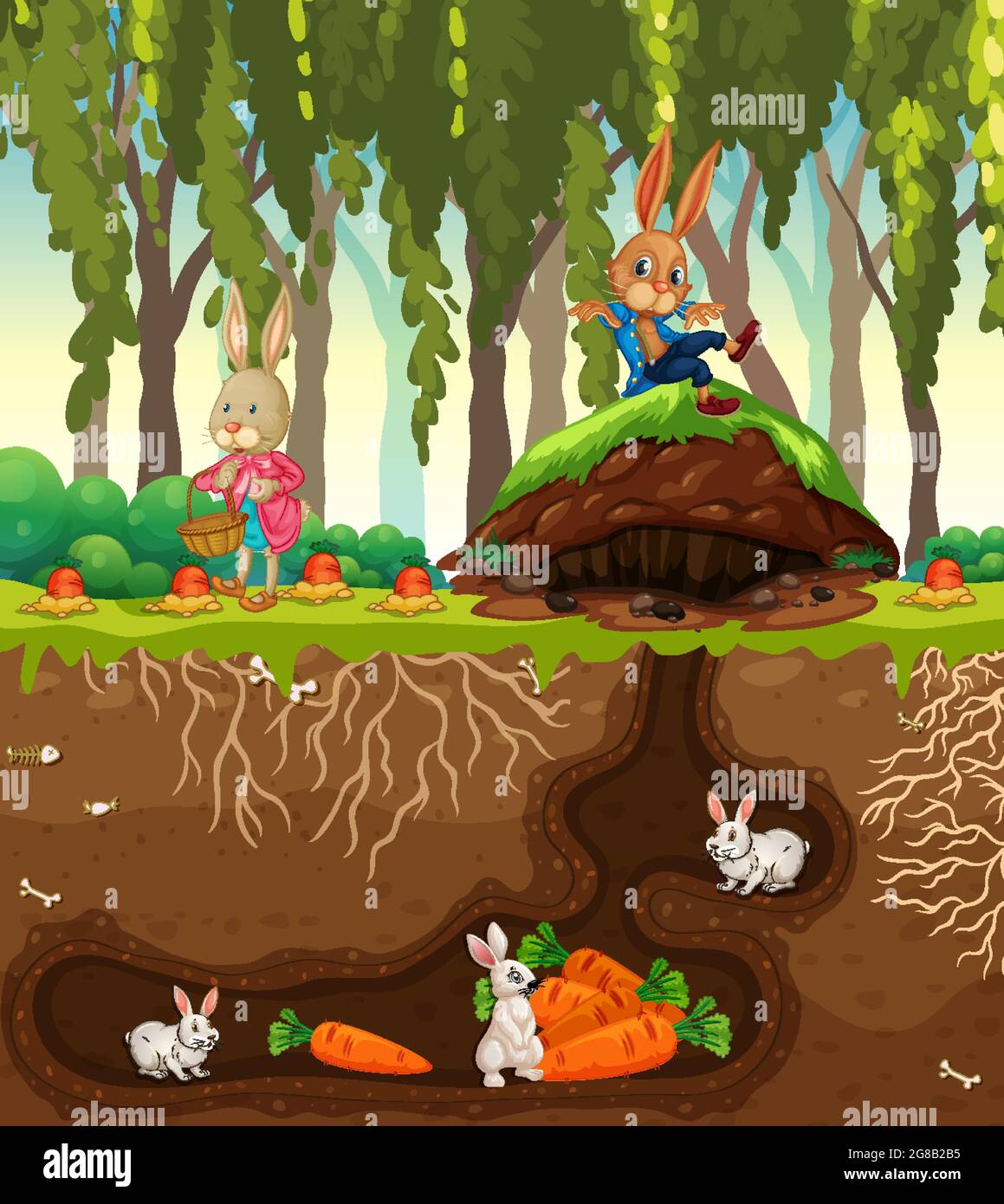 Underground rabbit hole with ground surface of the garden scene ...
