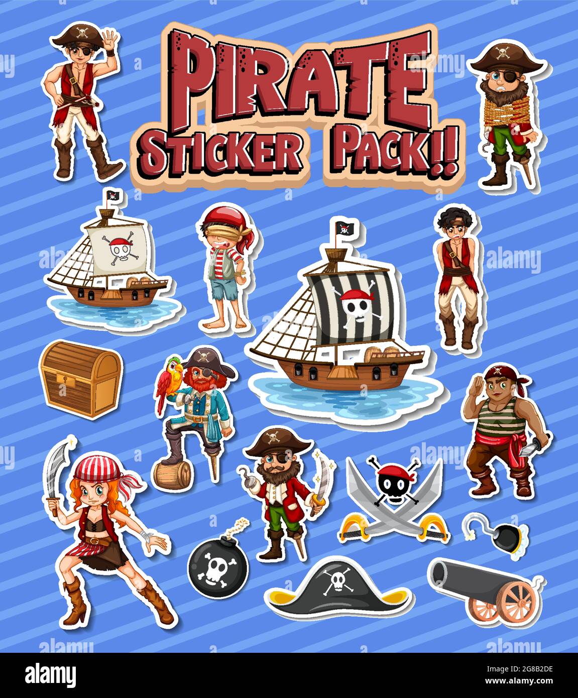 Pirate sticker pack set with cartoon character isolated illustration ...