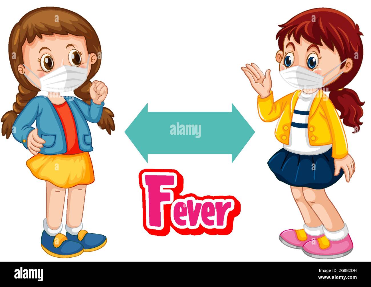 Fever font in cartoon style with two kids keeping social distance ...