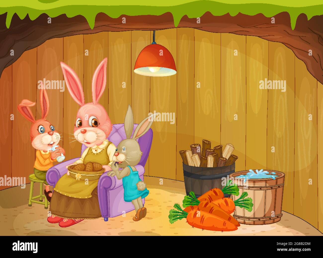 Underground room scene with rabbit family cartoon character ...