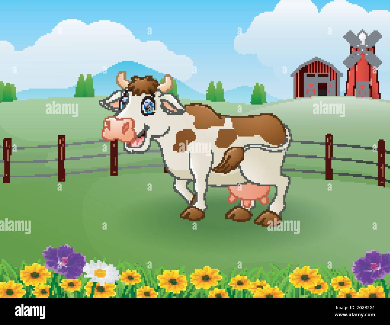 Happy cute cow in the farm with green field Stock Vector Image & Art ...