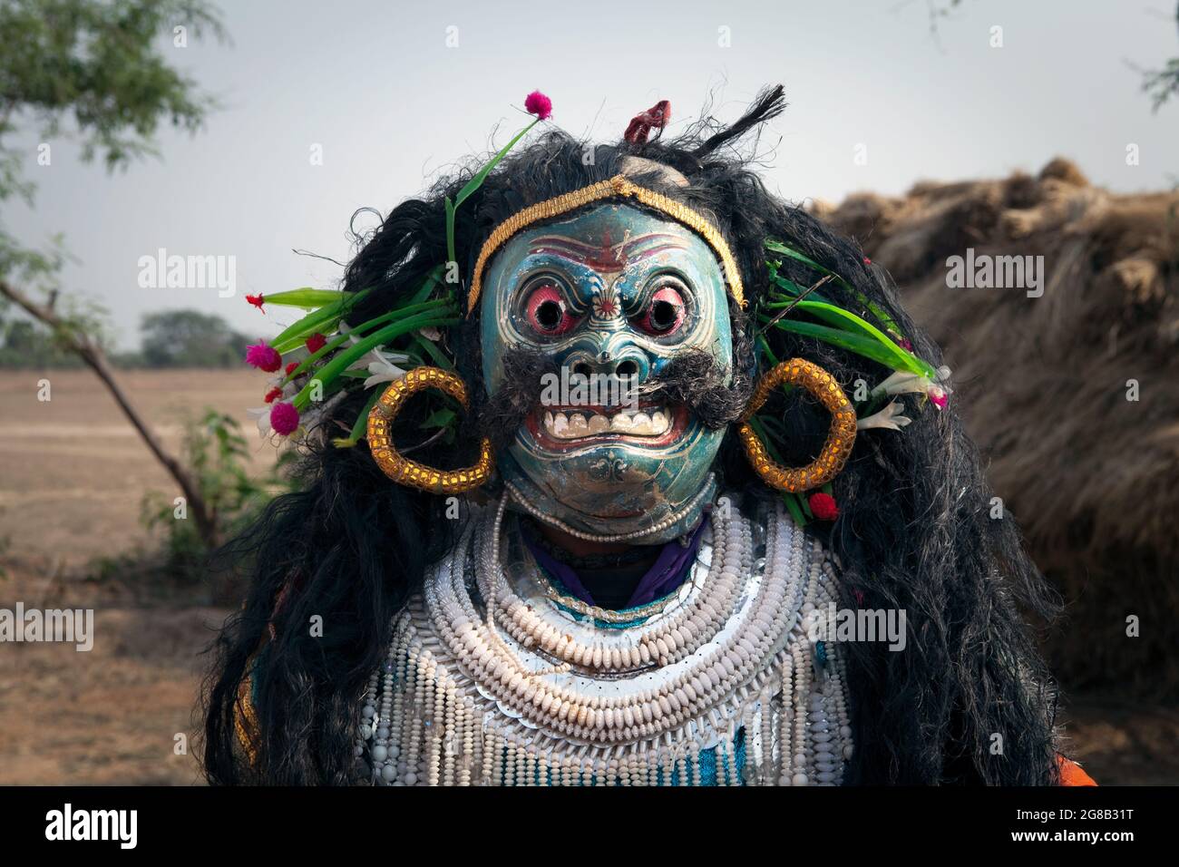 Chou dancers preparing for chou dance, a folk dance of India, where ...