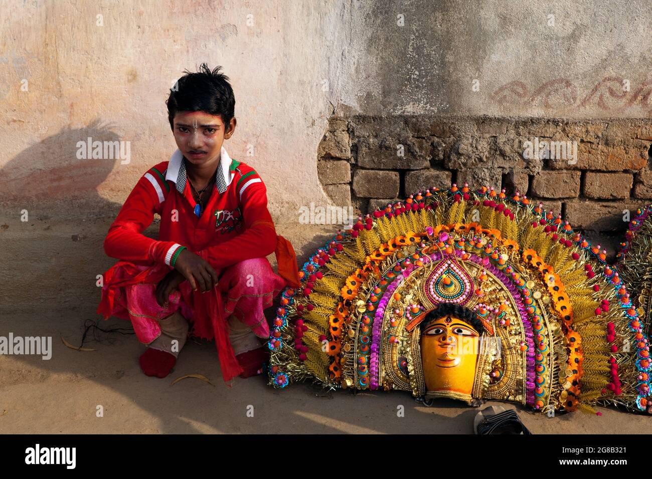 Chou dancers preparing for chou dance, a folk dance of India, where ...