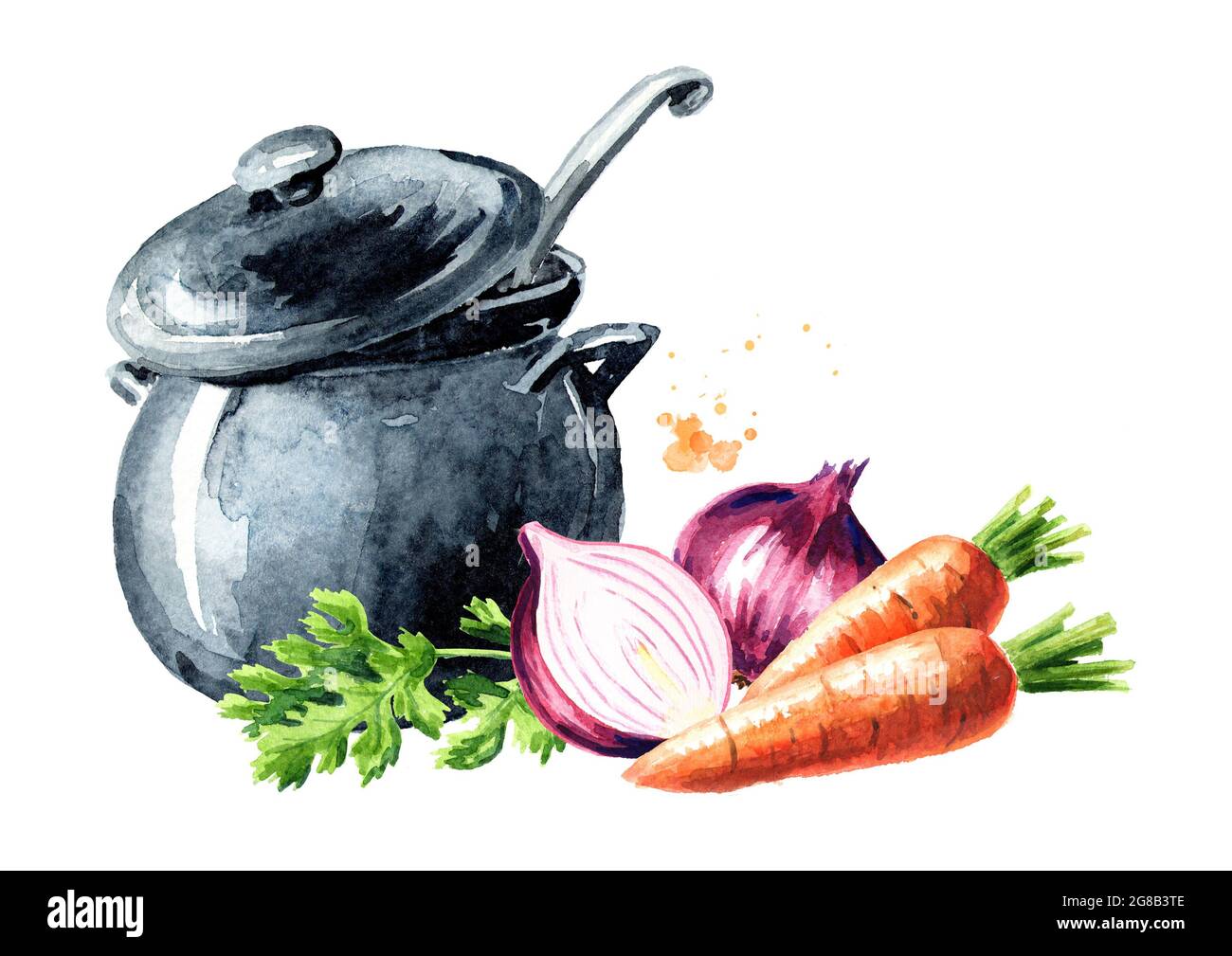 Pan with broth and fresh vegetables onions, carrots and greens ...