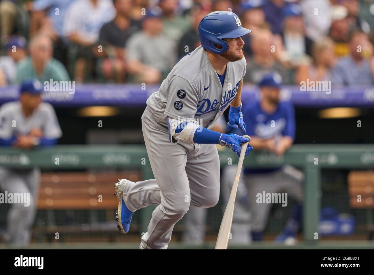 July 17 2021: Los Angeles second baseman Max Muncy (13) gets a hit ...