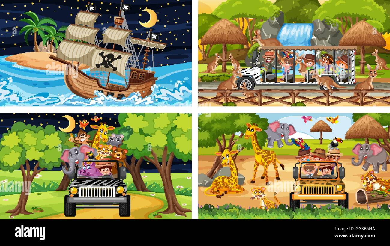 Set of different scenes with pirate ship at the sea and animals in the ...
