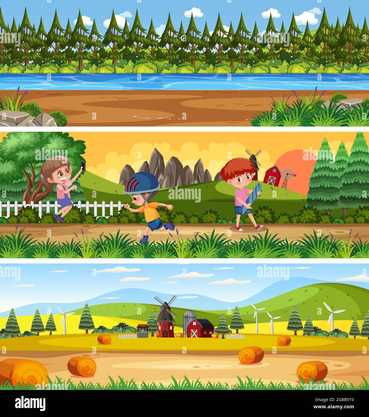 Outdoor panorama landscape scene set with cartoon character ...