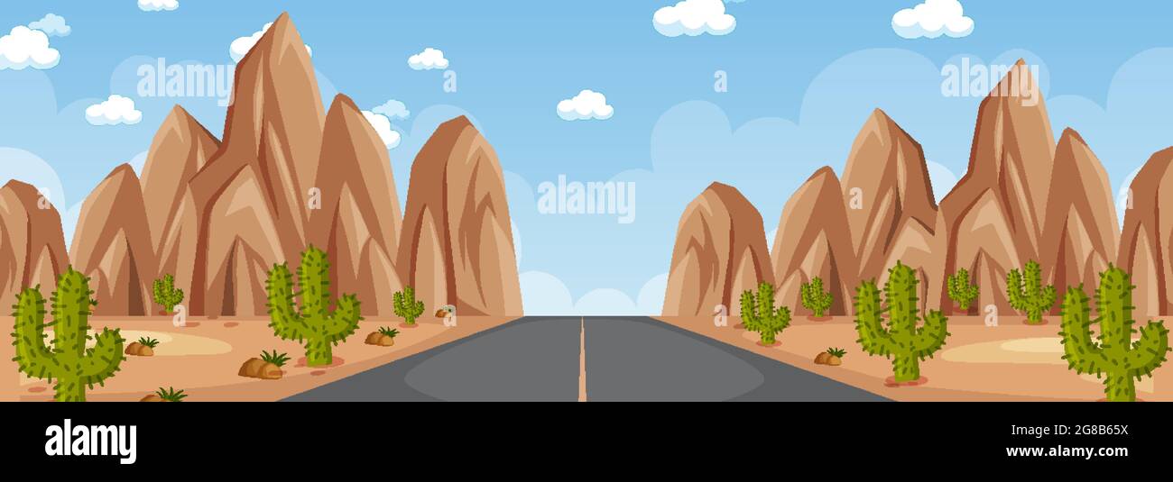 Horizontal scene with long road through desert at day time illustration ...