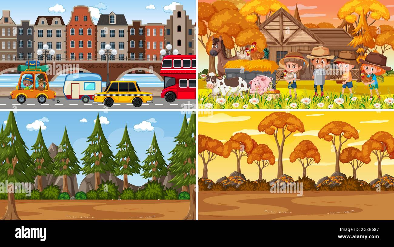 Set of different nature scenes cartoon style illustration Stock Vector ...