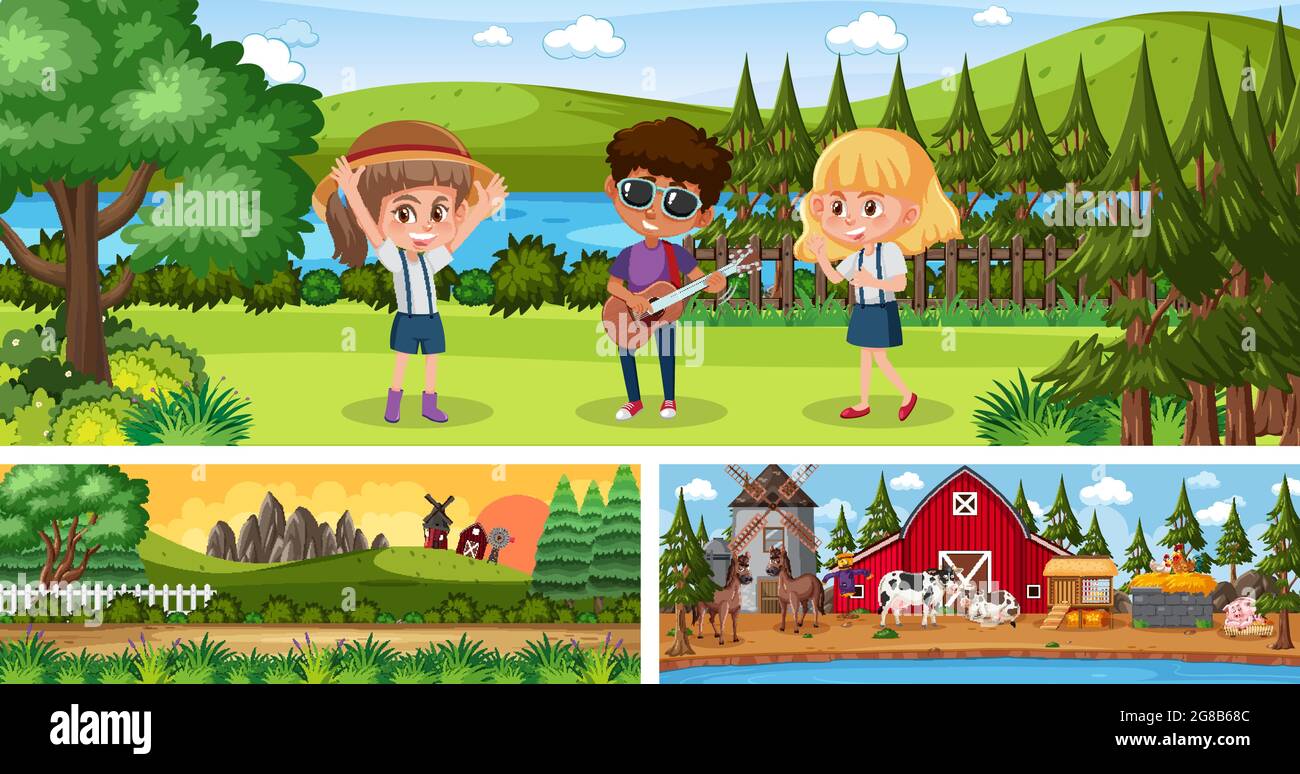 Outdoor panoramic landscape scenes set with cartoon character ...