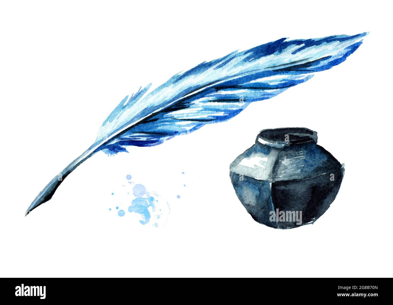 Fountain pen and inkwell. Watercolor hand drawn illustration isolated ...