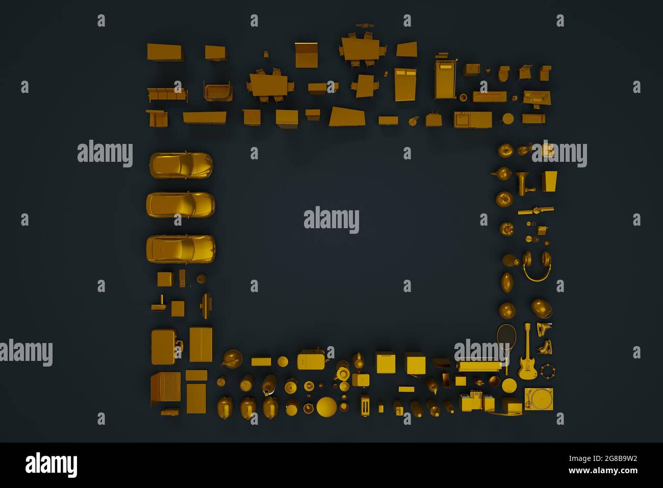 3D collection of appliances, household appliances and furniture. Gold ...