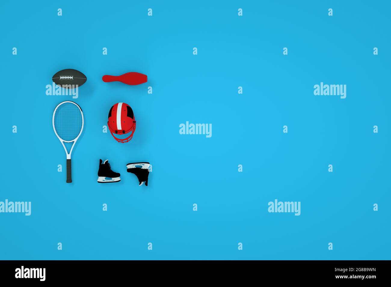 Set of 3D sports accessories. Isometric models of a ball, tennis racket ...