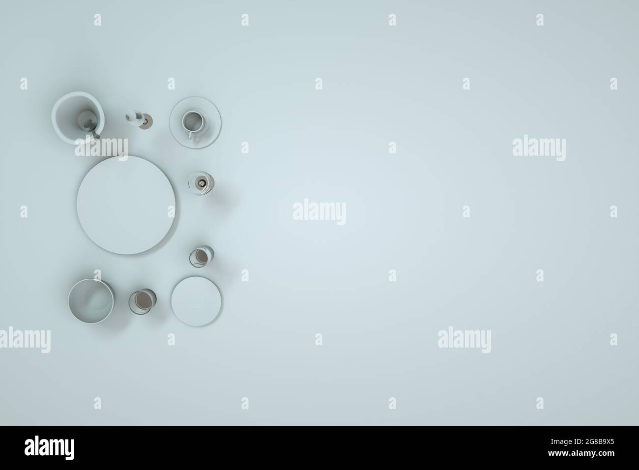 Set of clean dishes. 3D models of clean white dishes. Plates, cups ...