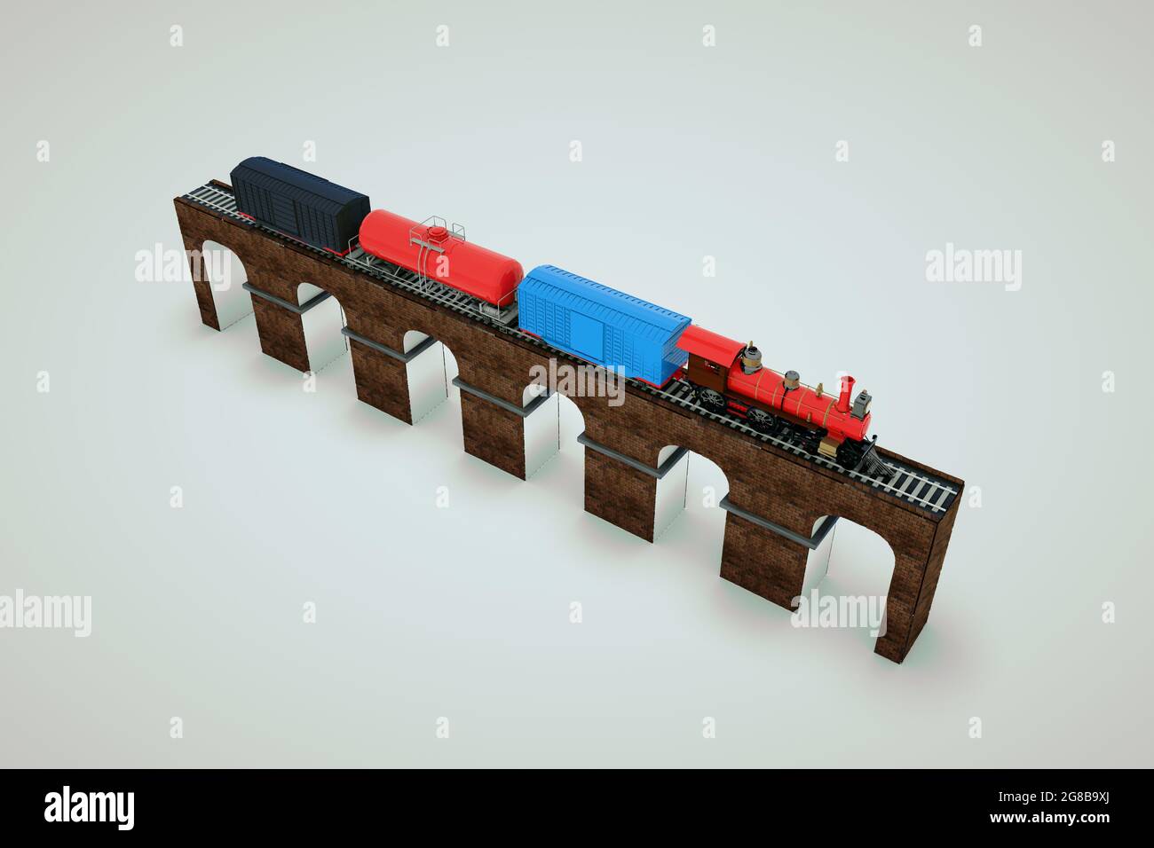 Model of a train with cars on the railway. 3D model of a freight train ...