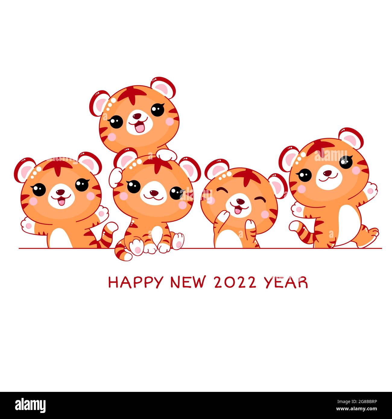 Happy New 2022 Year. Horizontal border with cute little tigers in kawaii style. Isolated on ...