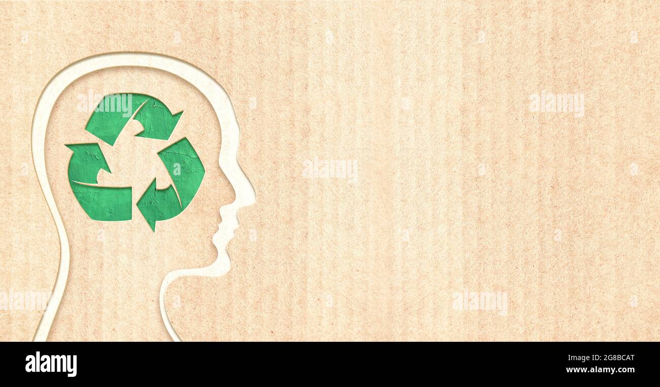 Arrows recycle symbol and human heads in paper cut style. Horizontal ...