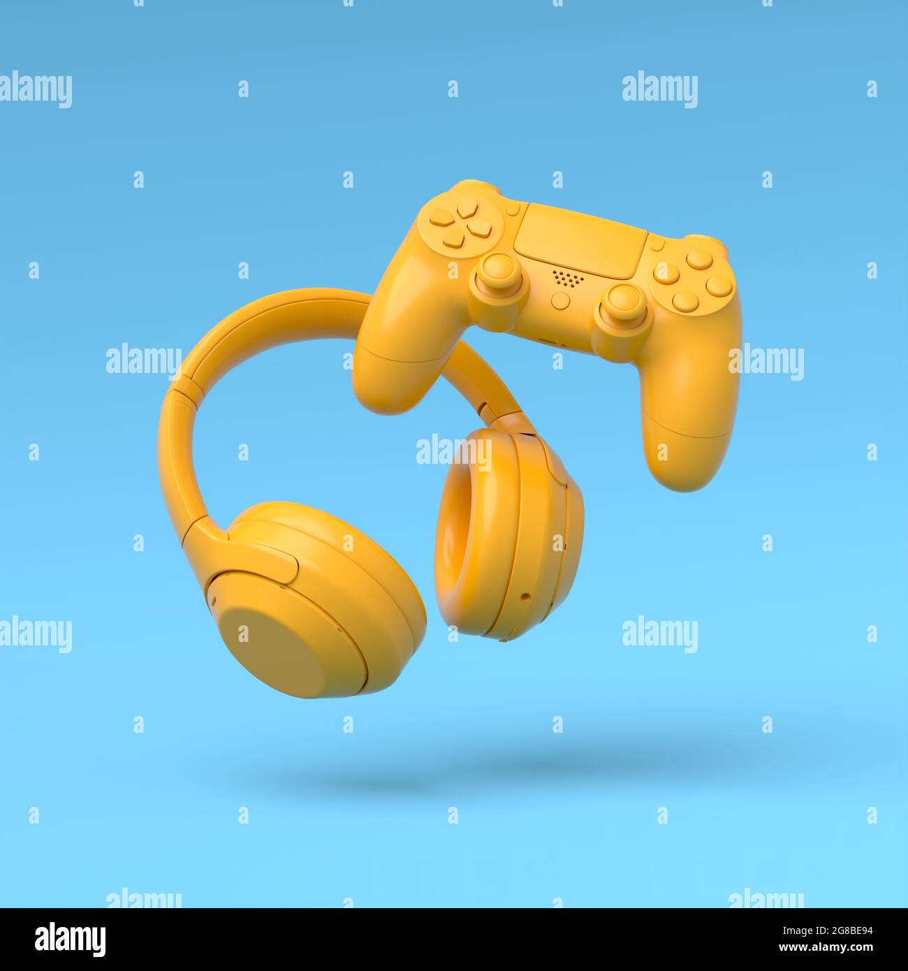 Flying monochrome gamer gears like headphones and joystick on blue and ...