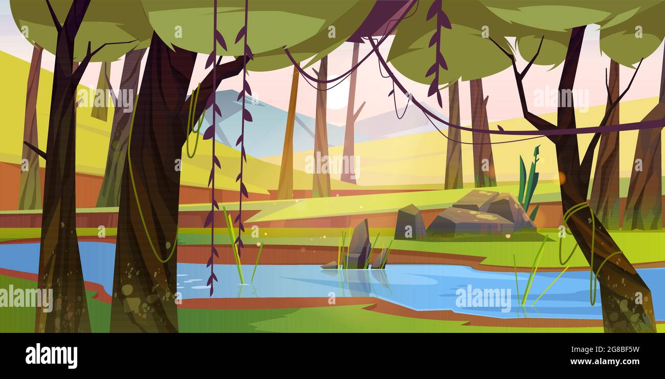 Cartoon forest background with stream flow, wood Stock Vector Image ...