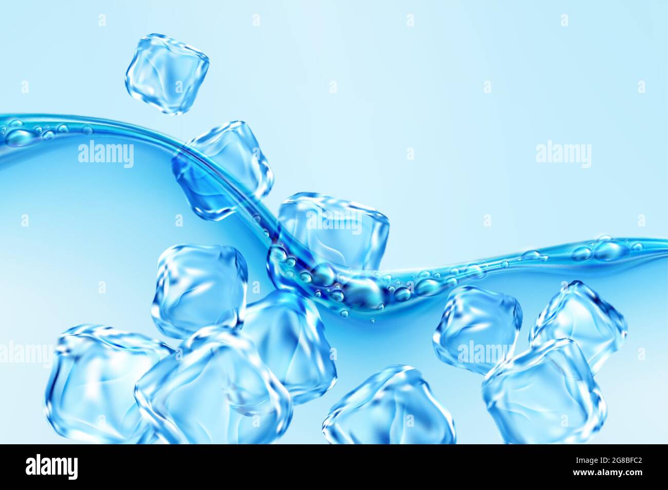 Ice cubes falling into blue transparent wave of water splash with bubbles isolated on blue ...