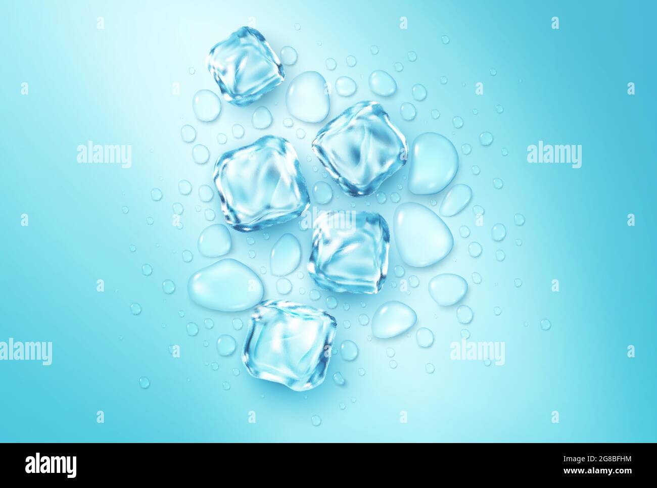Realistic Ice Cubes and Water Drops on a Blue Background. Top view of ...