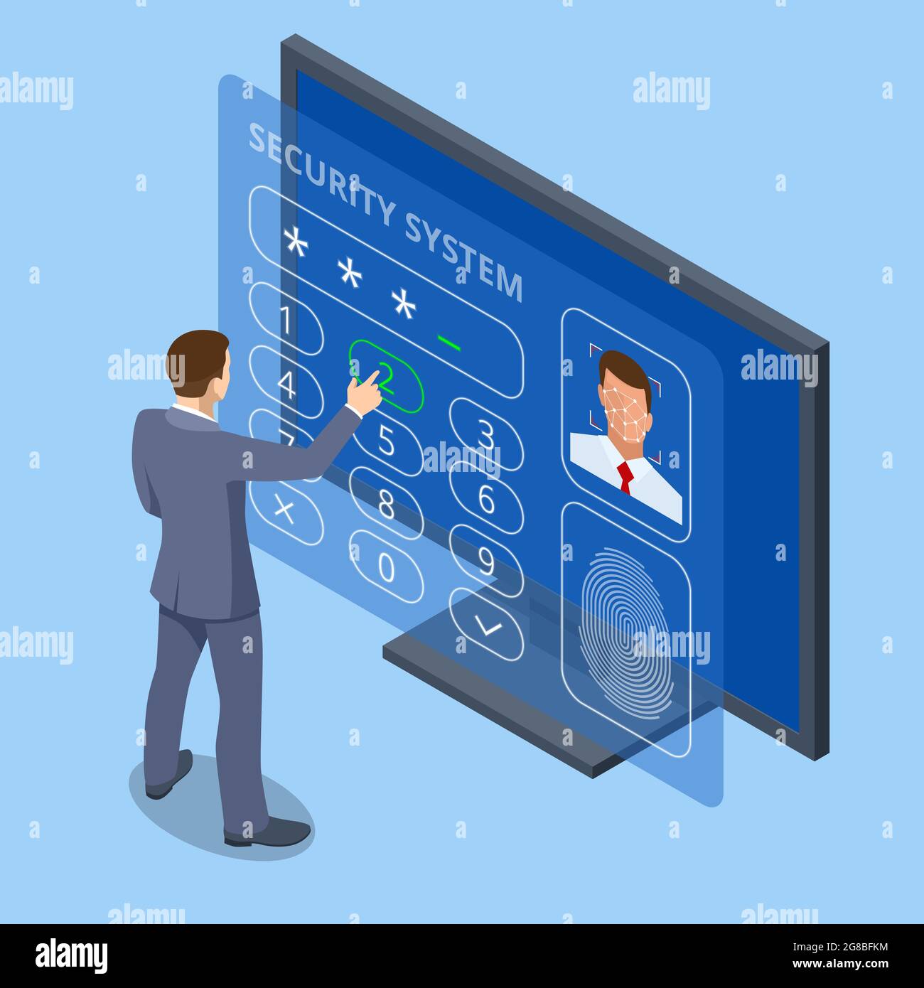 Isometric facial recognition system concept. Finger print scan for ... Isometric facial recognition system concept. Finger print scan for ...