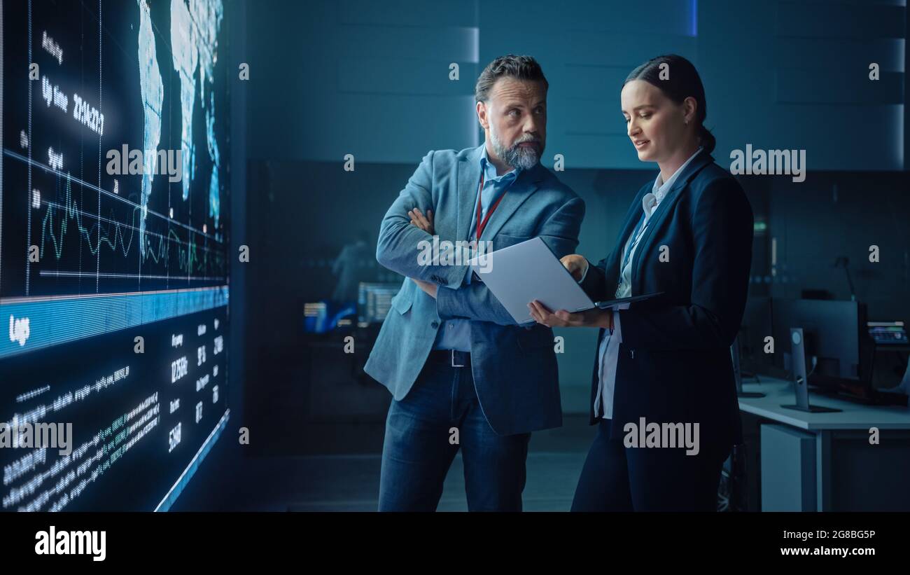 Project Manager and Computer Science Engineer Talk while Using Big Screen Display and a Laptop ...