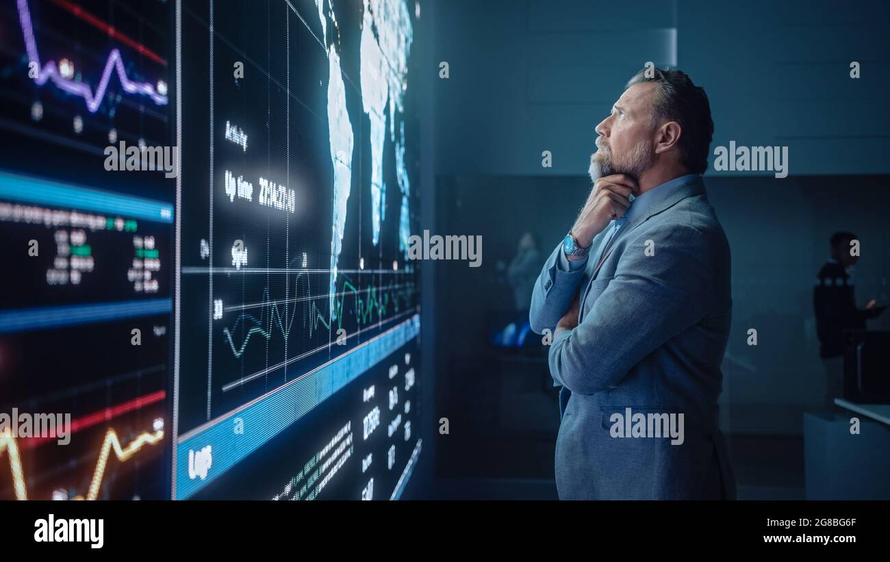 Senior Computer Science Engineer Looking at Big Screen Display Showing ...