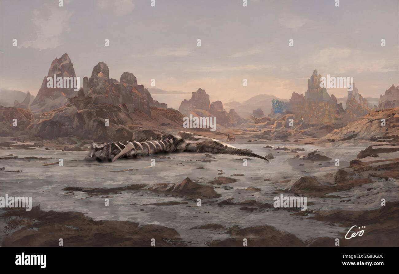 Painted fantasy landscape with castle and bones. Backgrounds Stock ...