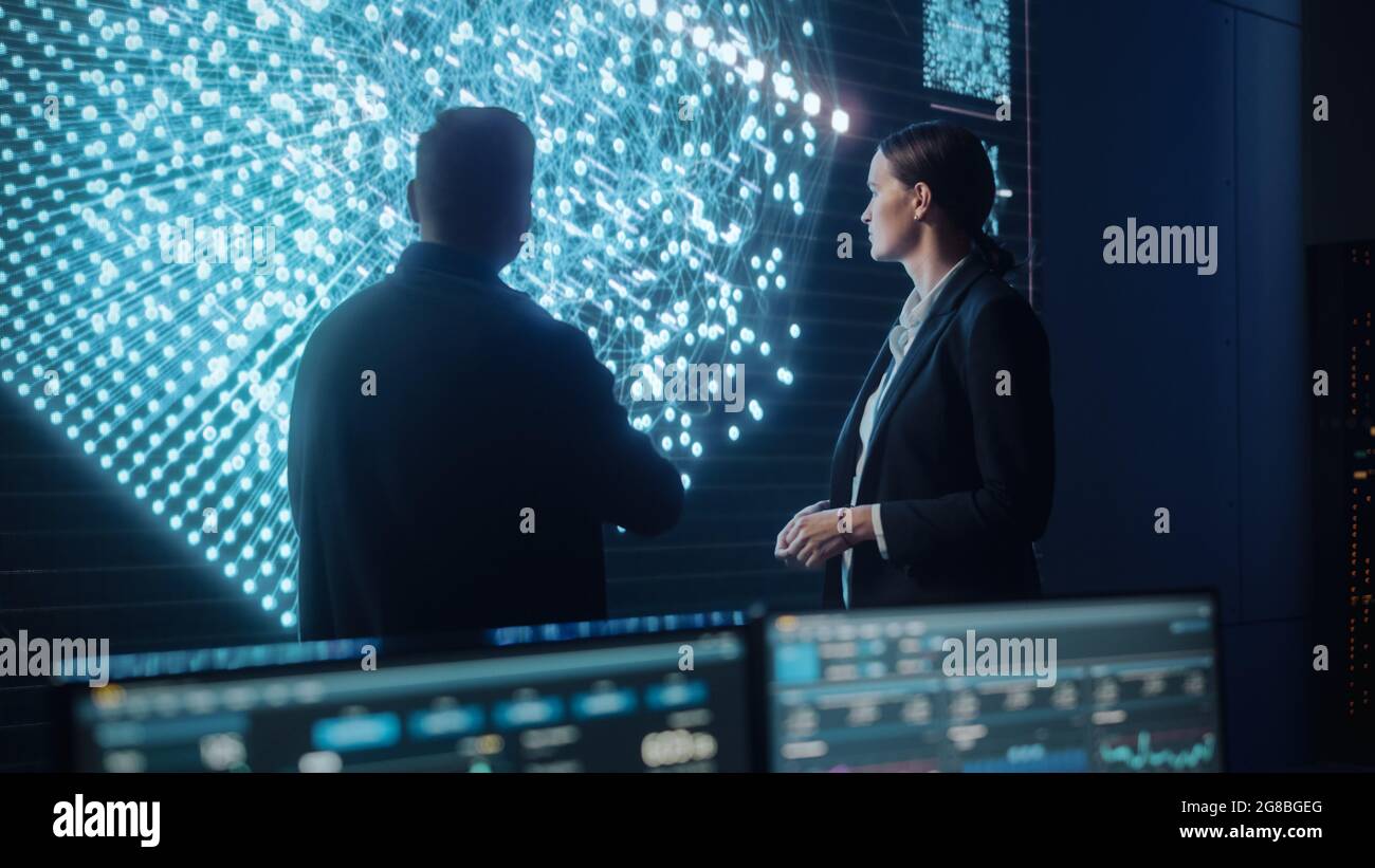 Project Manager and Computer Science Engineer Talking while Using Big Screen Display Showing ...